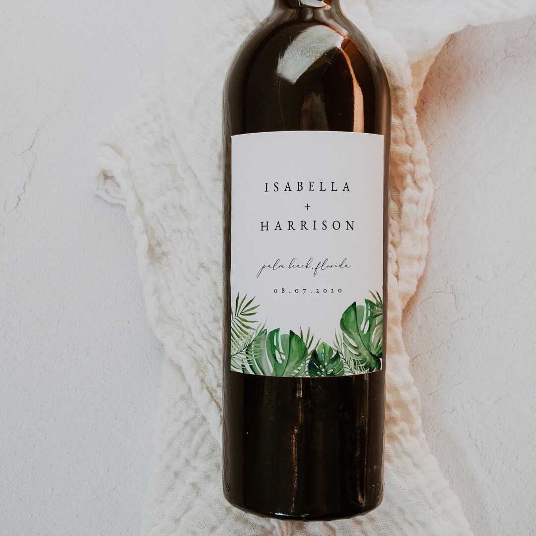 Tropical Wedding Wine Label Template, Palm Leaf Wine Label Printable ...
