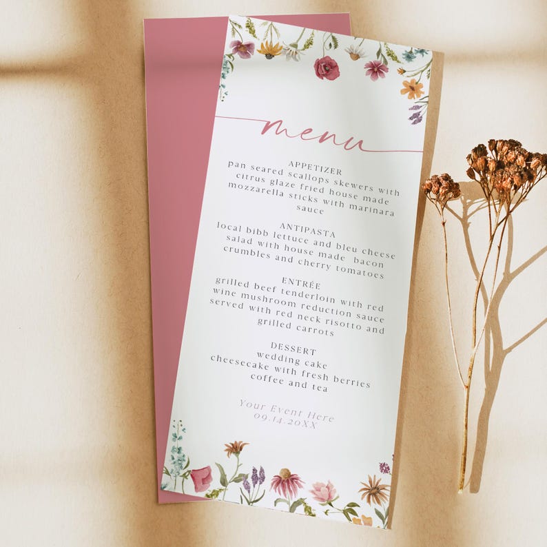 Wildflower Menu Card Template, Floral Menu Cards for Baby Shower ...