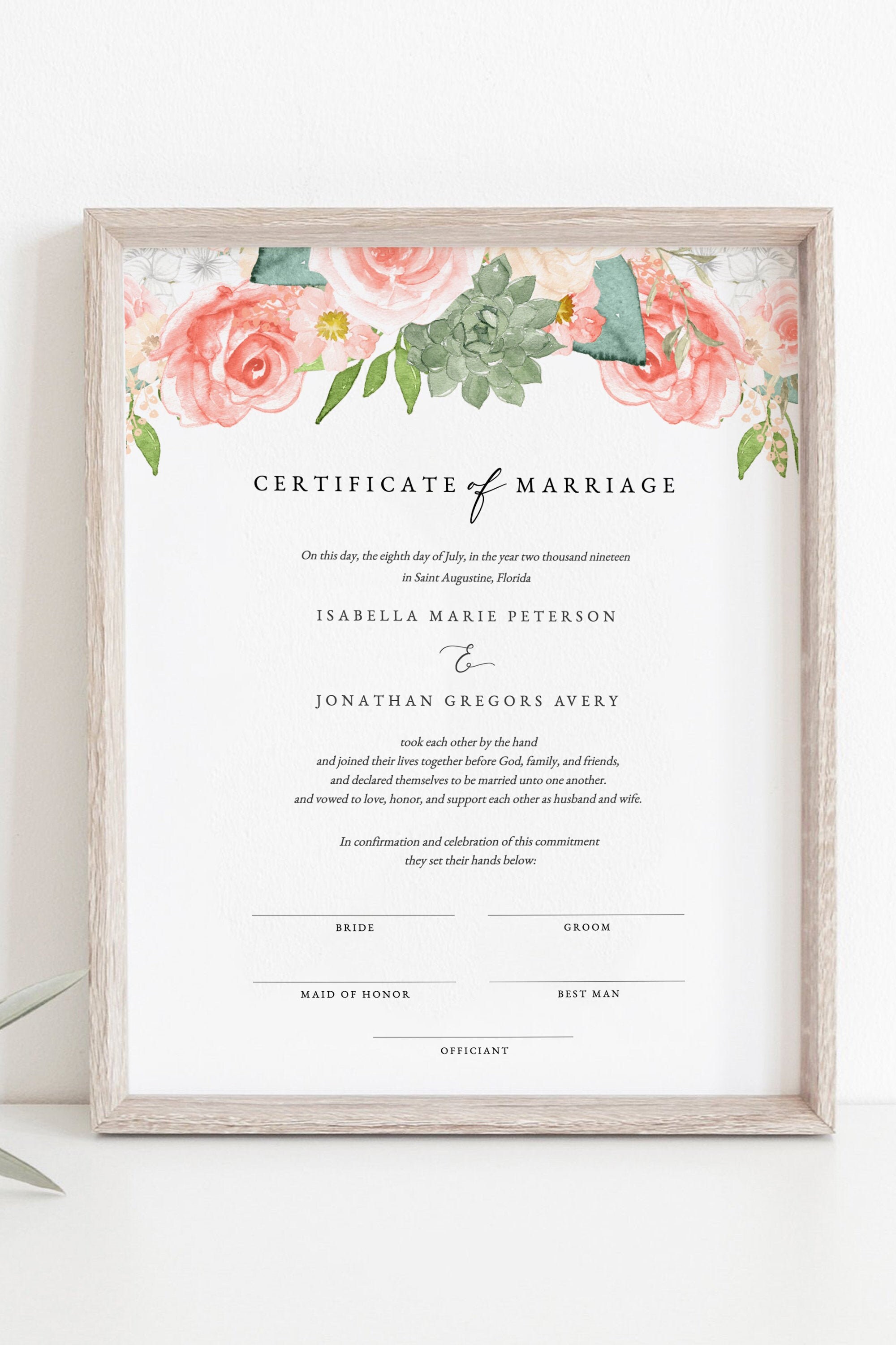 FINLEY Blush Floral Marriage Certificate Peach Floral | Etsy