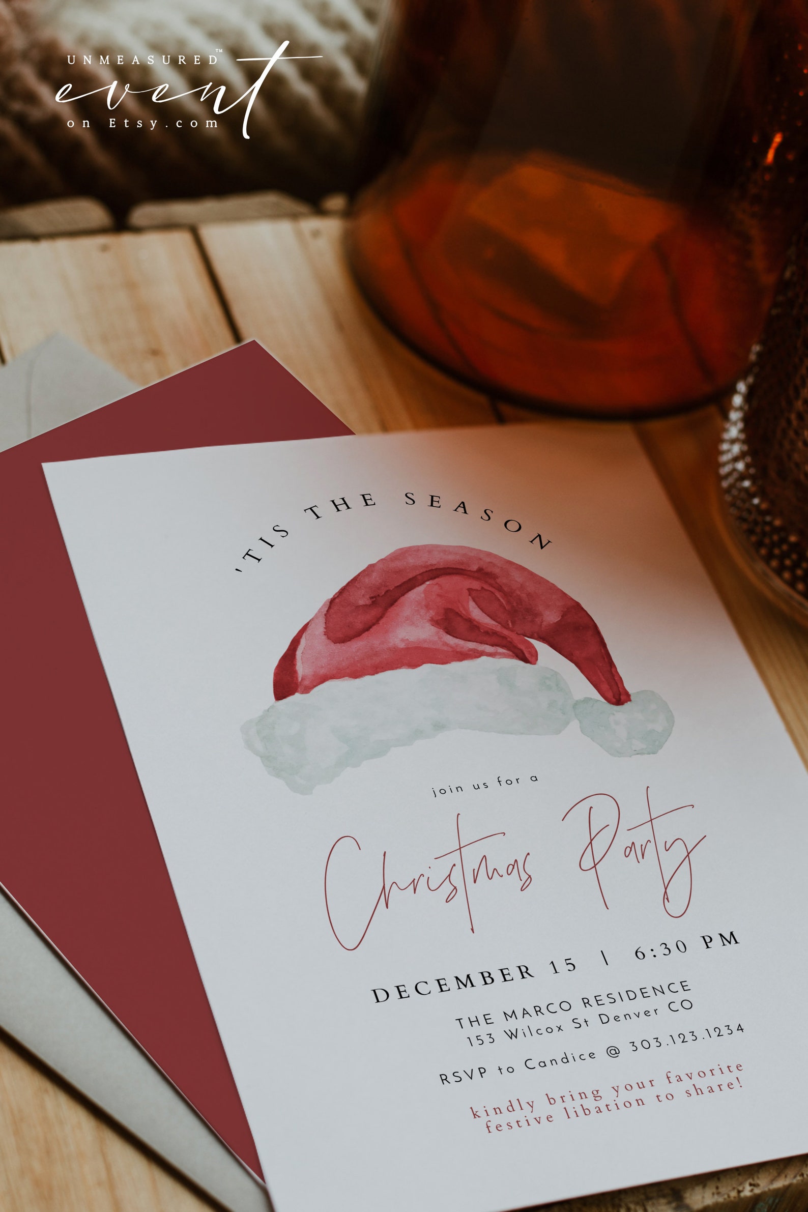 Minimalist Christmas Party Invitation Template, Modern Santa Hat ...