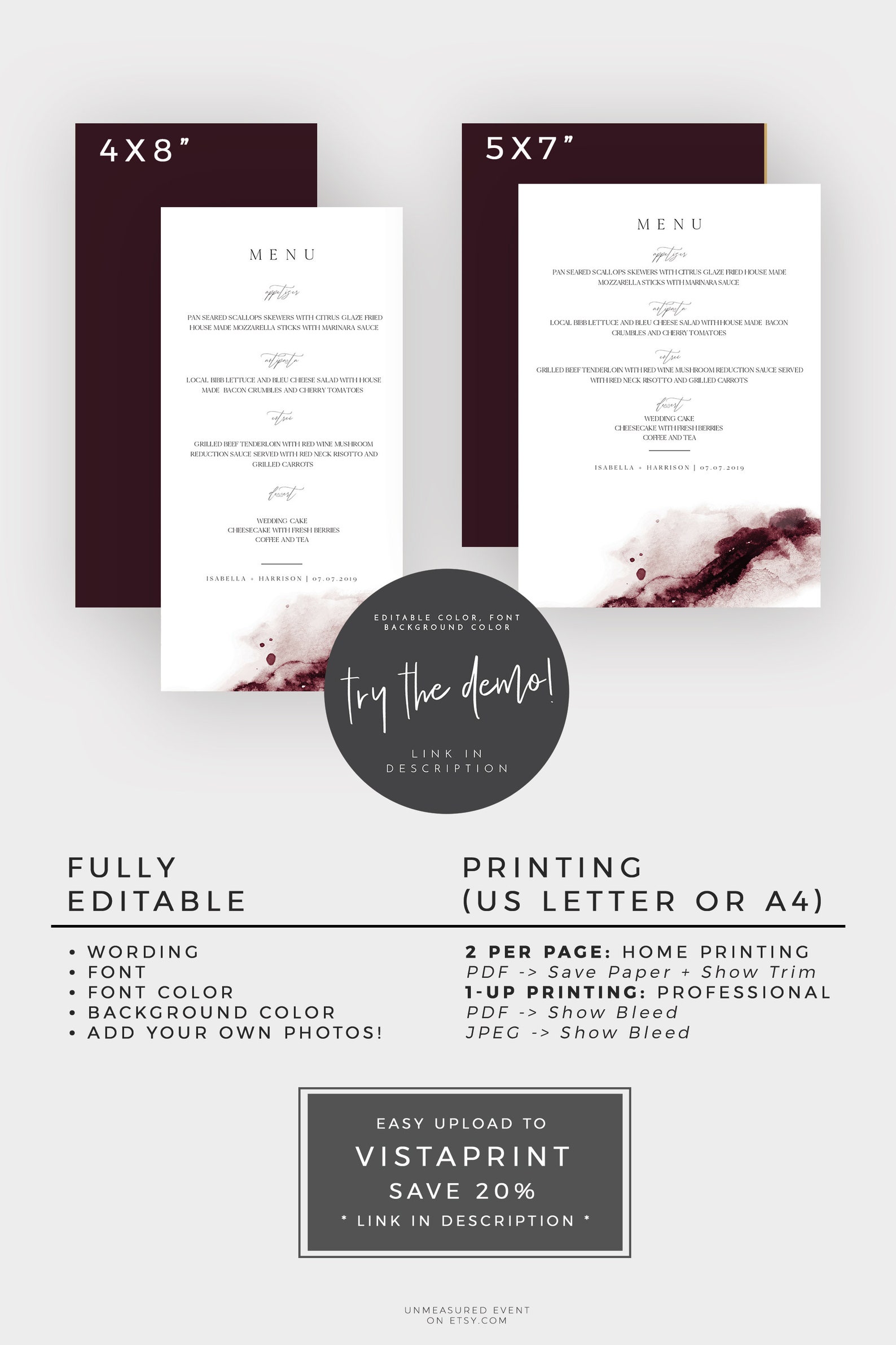 SCARLETT Burgundy Wedding Menu Template, Wine Menu Template, Menu ...
