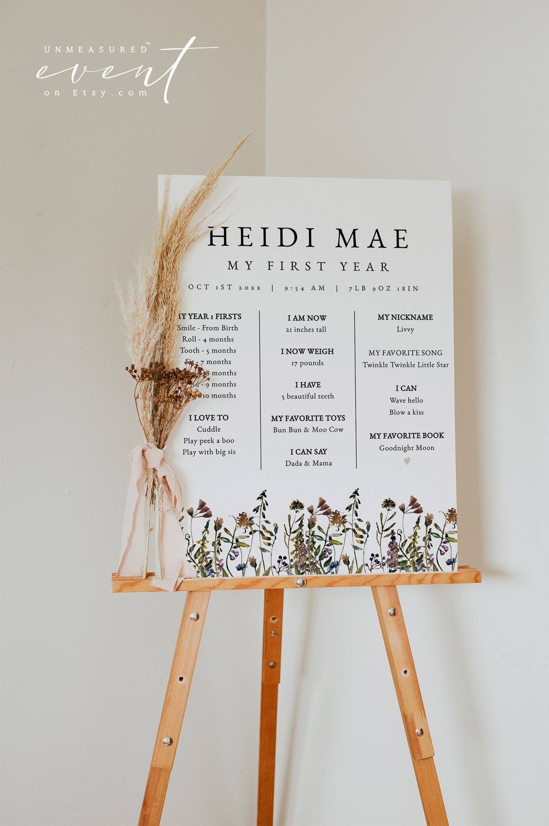 HEIDI First Birthday Milestone Board Template, Wildflower Milestone ...