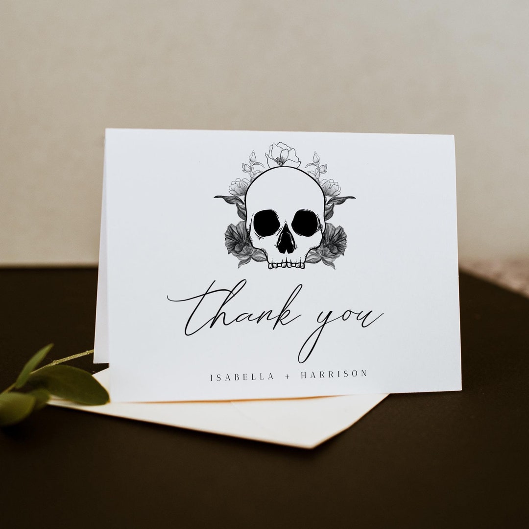 Skull Thank You Card, Black Floral Thank You Card Printable, Gothic ...