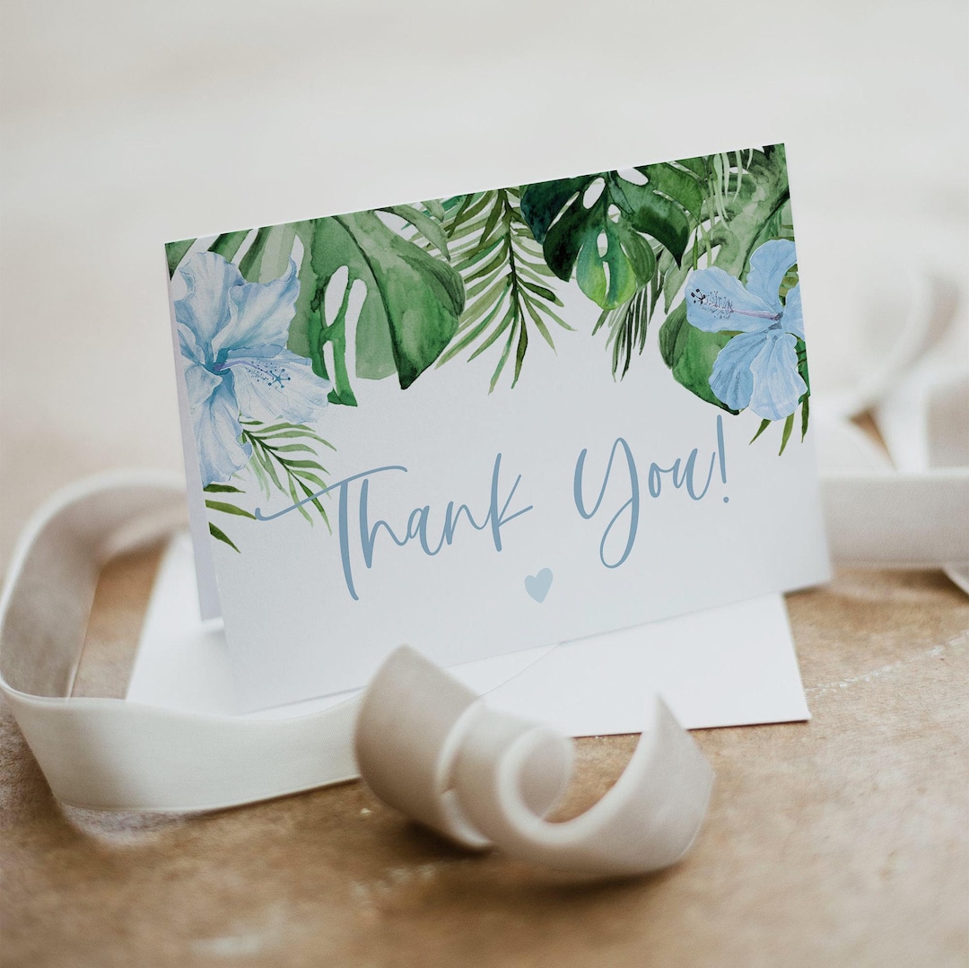 Tropical Thank You Card Template, Hibiscus Thank You Card, Palm Leaf ...