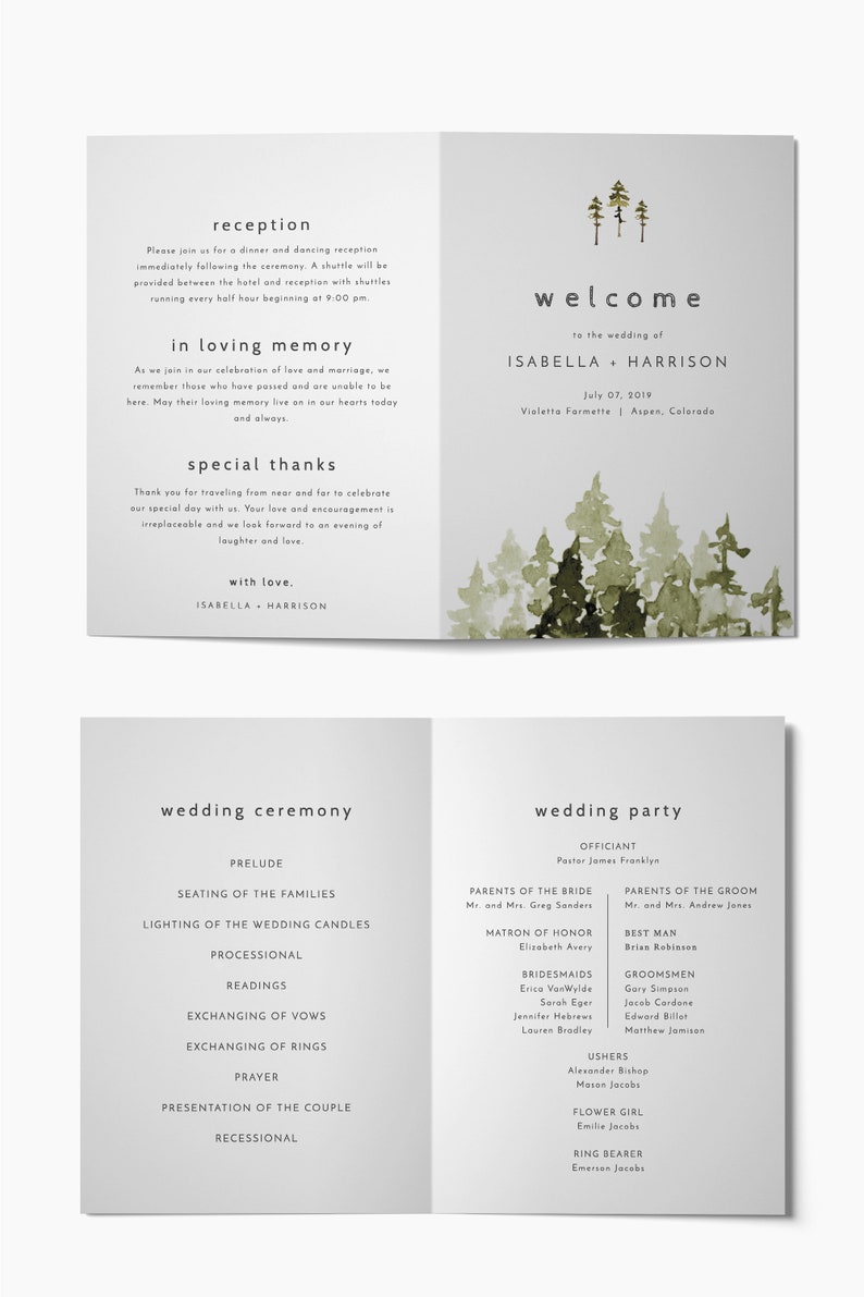 JENNA Pine Wedding Program Template, Folded Wedding Program, Mountain Wedding Program Instant ...