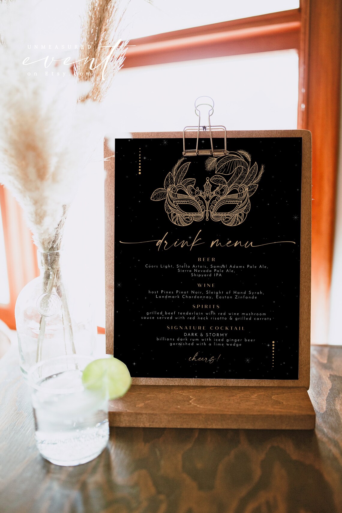 CELINE Masquerade Drink Menu Sign Template, Masked Ball Bar Menu ...