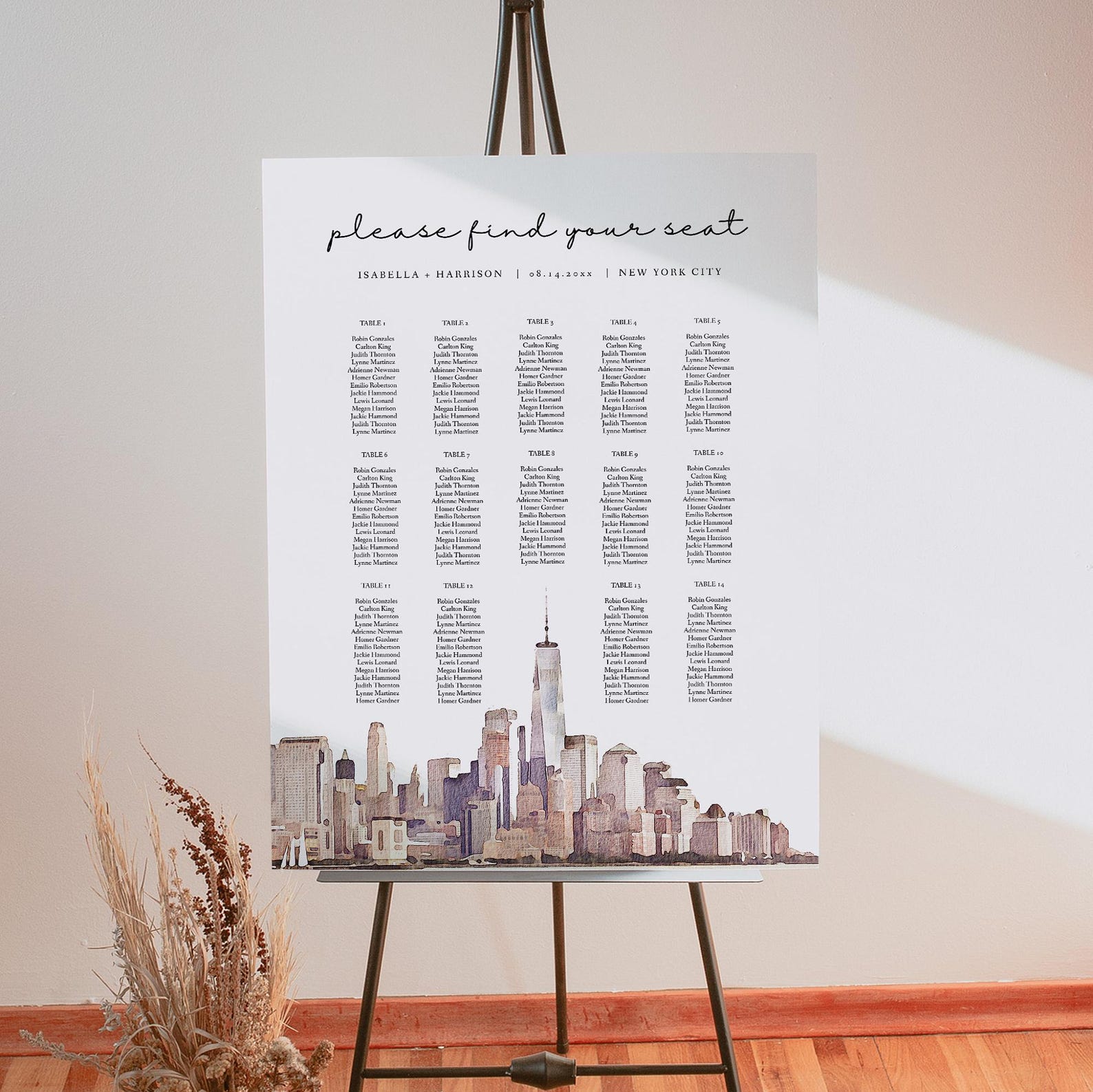 NEW YORK CITY Seating Chart Template, Watercolor Nyc Skyline Wedding ...