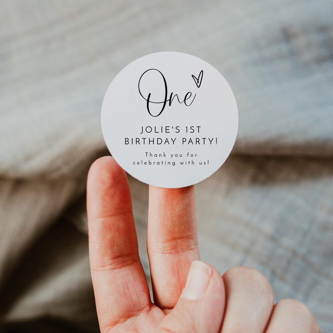 1st Birthday Sticker Template, Modern First Birthday Favor Tag, Simple ...