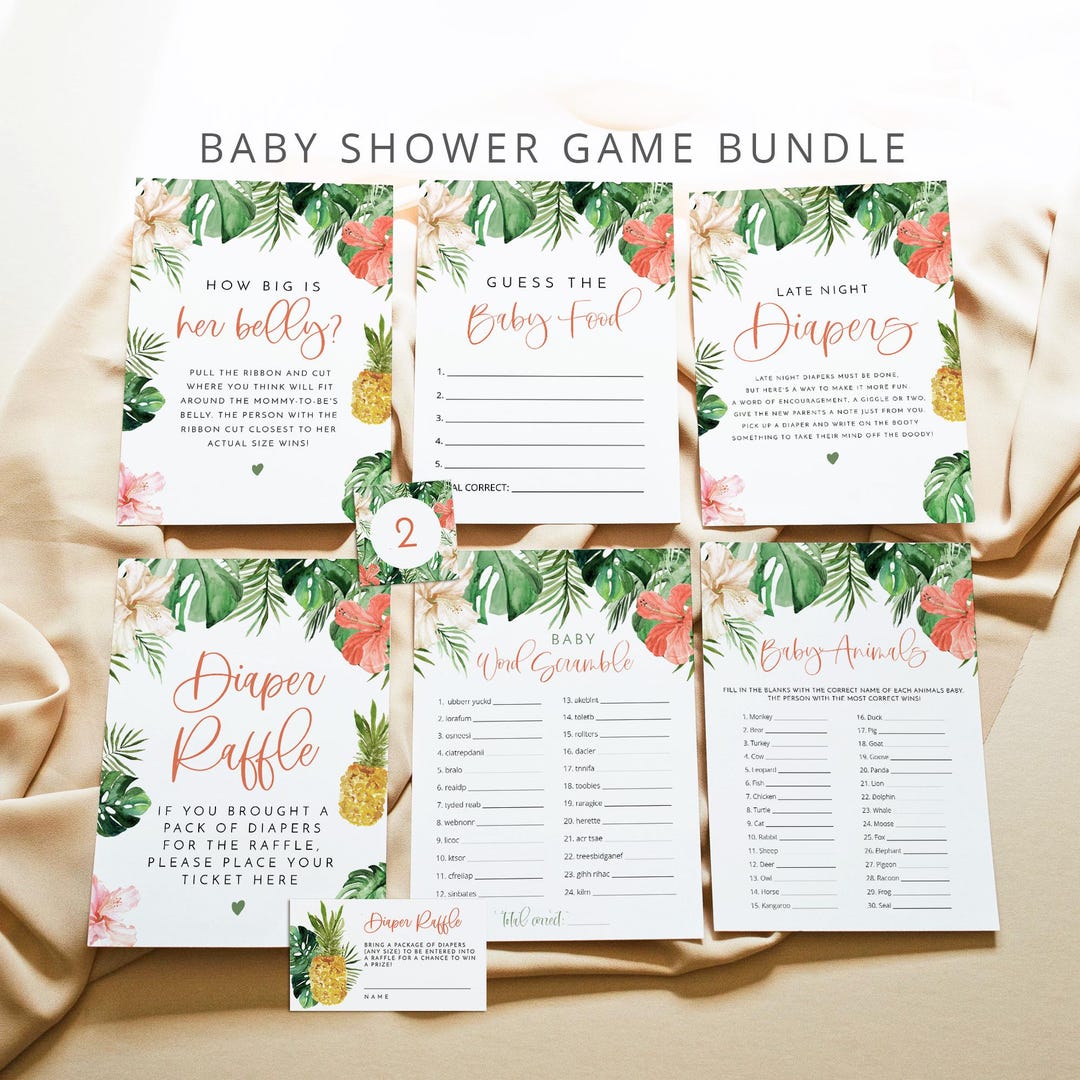 Tropical Baby Shower Game Bundle, Luau Baby Shower Game Templates, Pink ...