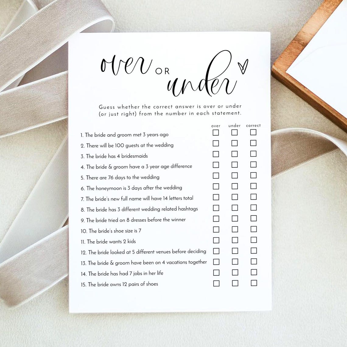 JOLIE PRINTED + SHIPPED Over or Under Bridal Shower Game, Over or Under ...