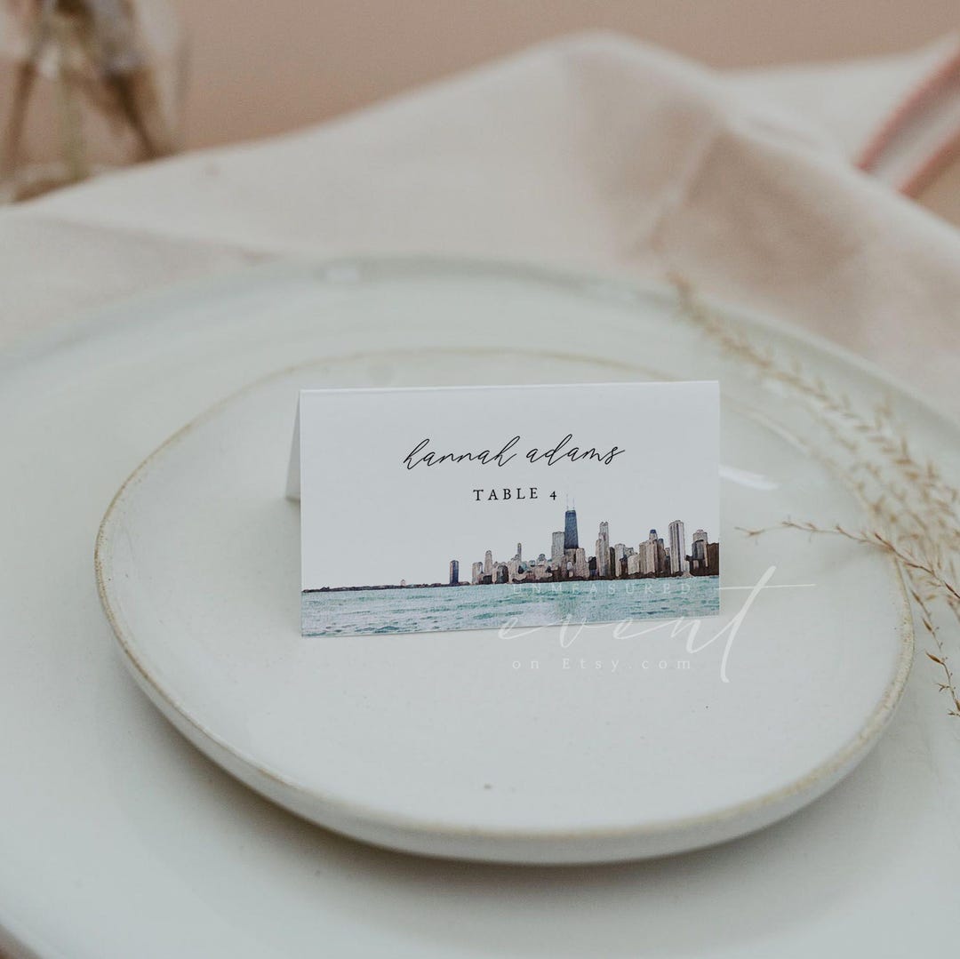 CHICAGO Place Card Template, Watercolor Chicago Skyline Wedding Guest ...