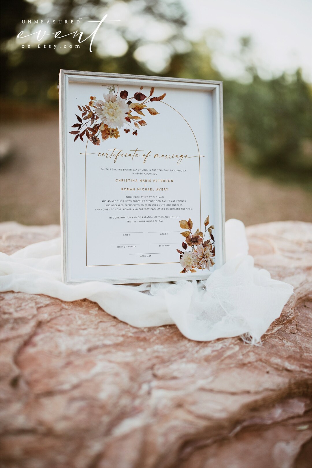 TALIA Boho Marriage Certificate Template, Fall Wedding Marriage ...