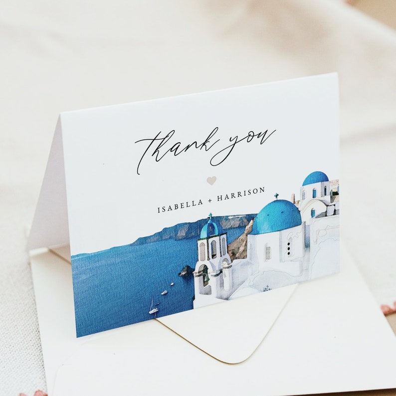 SANTORINI Thank You Card Template, Watercolor Block Island Thank You ...