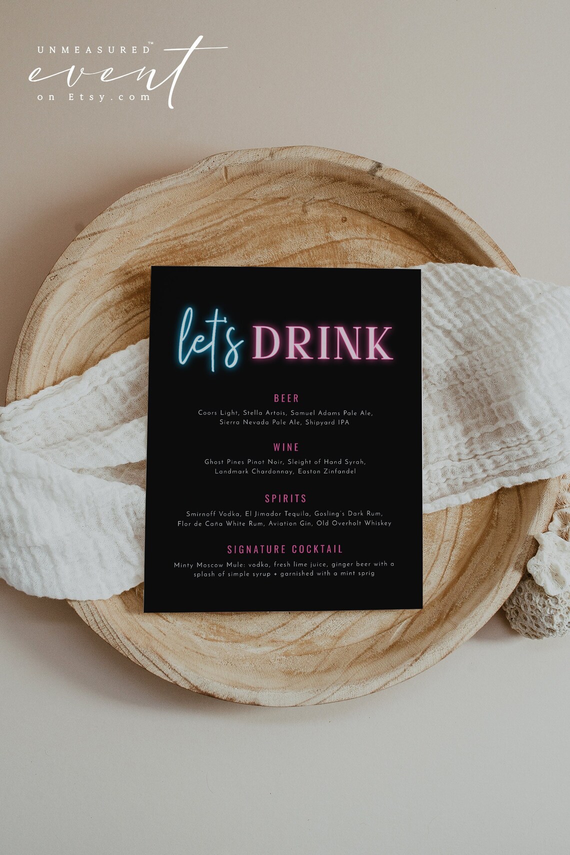 LOLA Neon Wedding Bar Menu Template, 8x10" Glow Bar Menu Wedding Sign ...