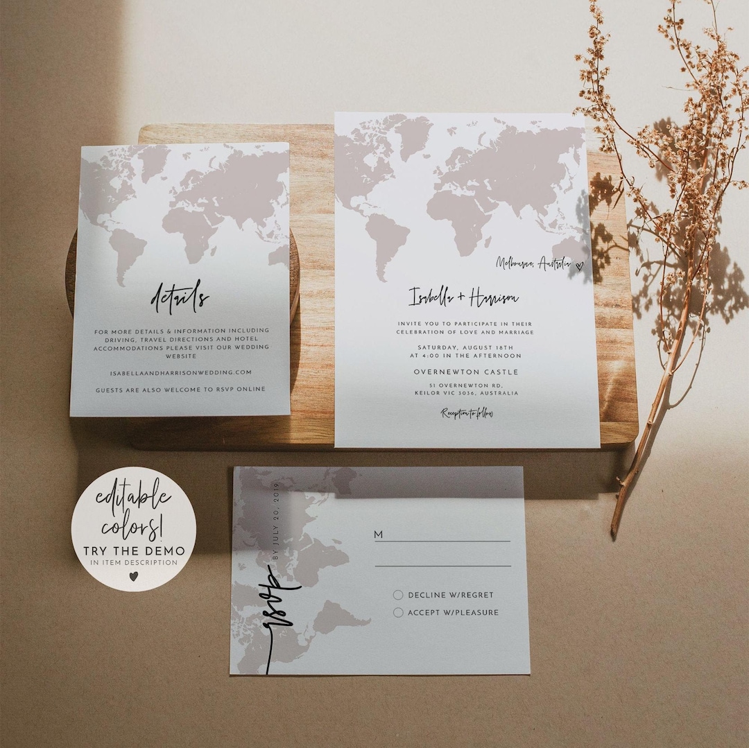 World Map Wedding Invitation Template Set, Travel Themed Wedding Invitation, Adventure Wedding ...