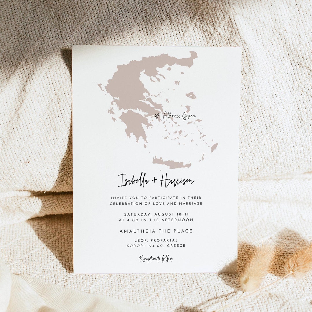 Greece Wedding Invitation Template, EDITABLE Greece Map Wedding Invite ...