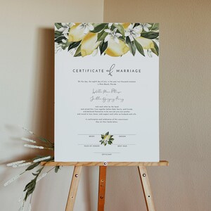 Lemon Wedding Marriage Certificate Template, Citrus Wedding Certificate ...
