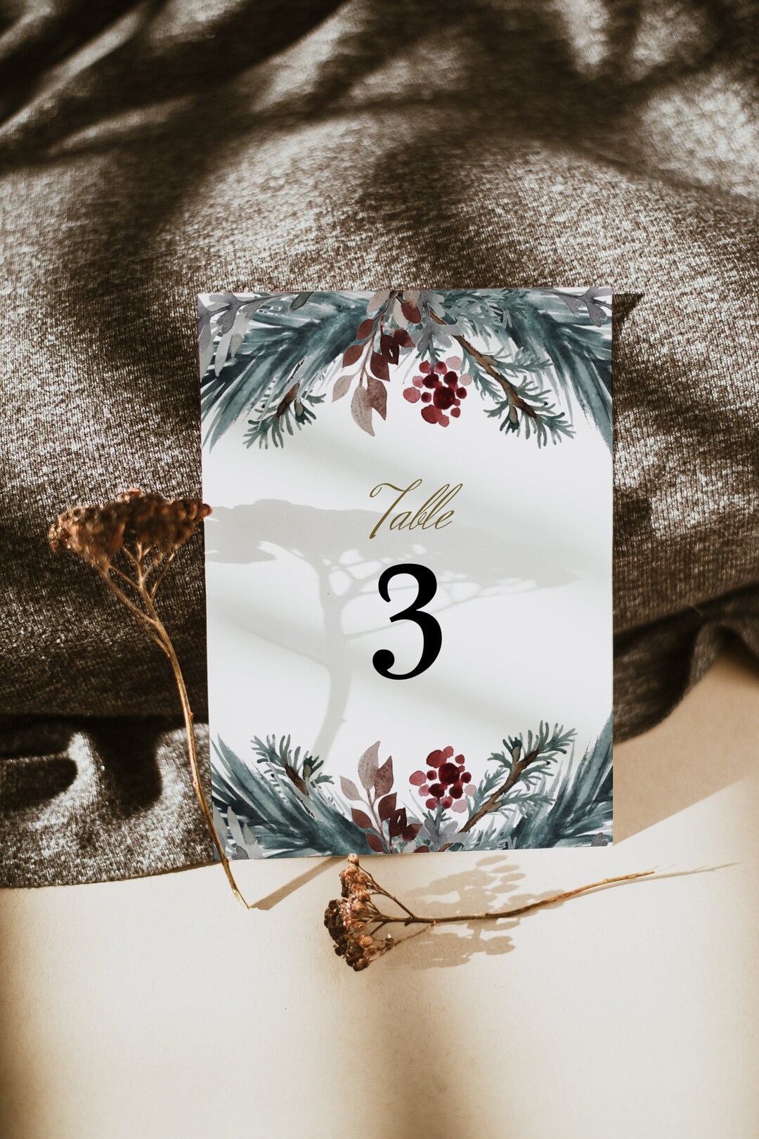 NOEL Pine Table Number Template, Winter Wedding Table Number Printable ...