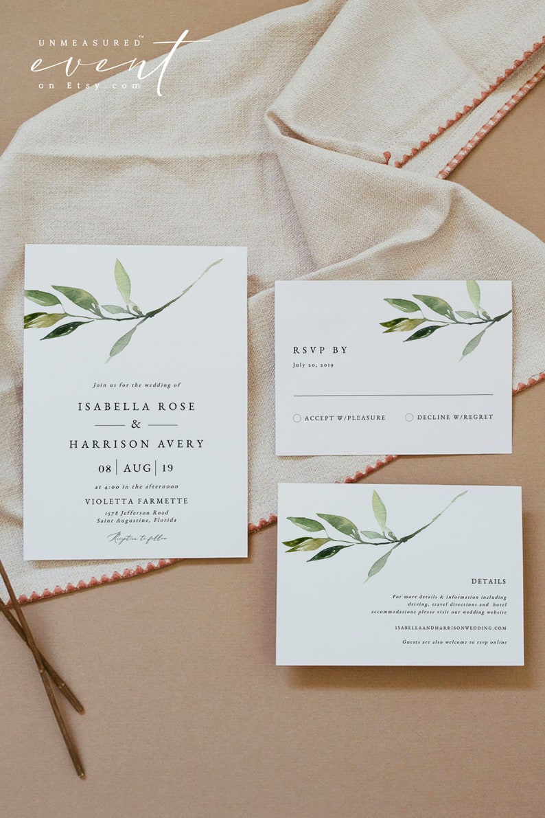 ISABELLA Minimal Greenery Wedding Invitation Suite Printable - Etsy