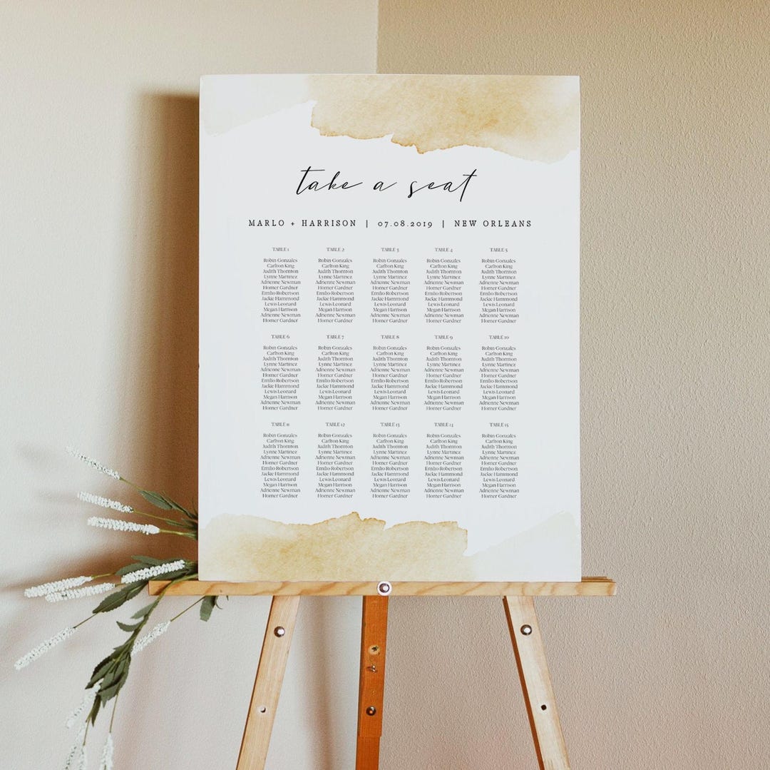 Yellow Watercolor Wedding Seating Chart Template, Mustard Watercolor ...