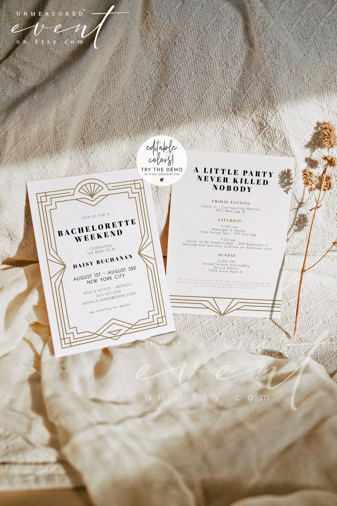 DAISY Art Deco Bachelorette Invitation Template, Modern Art Deco ...