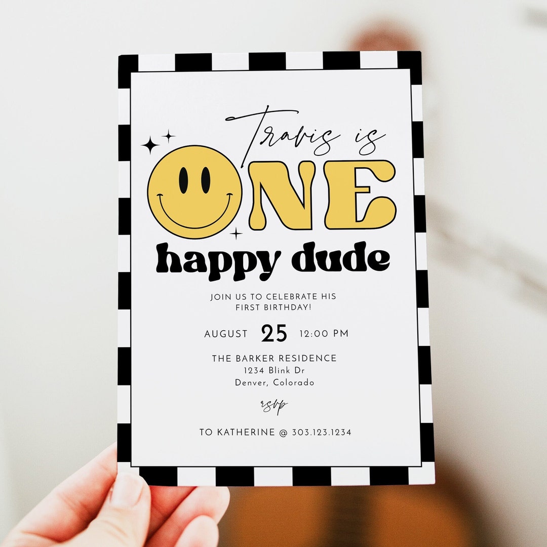 TRAVIS One Happy Dude Birthday Invitation Template, Happy Face Birthday ...