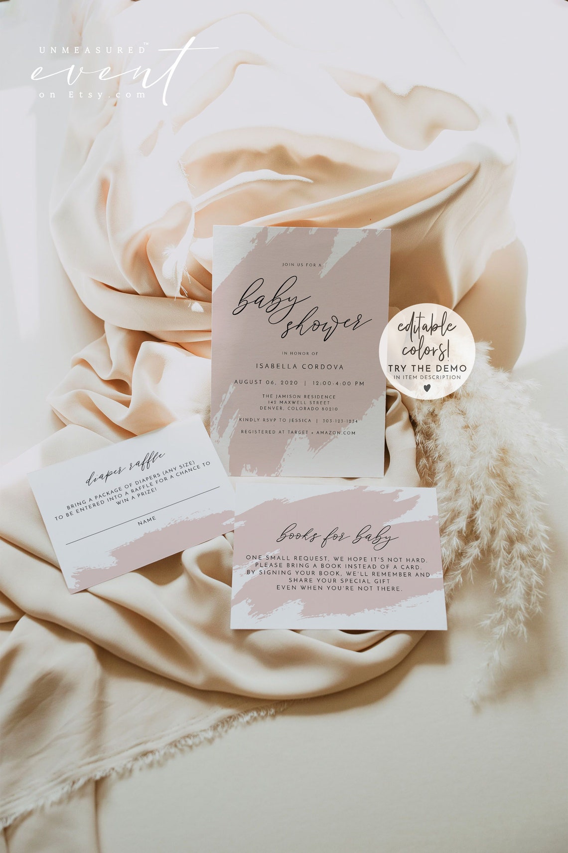 GRETCHEN Editable Color Baby Shower Invitation Template Suite, Blush ...