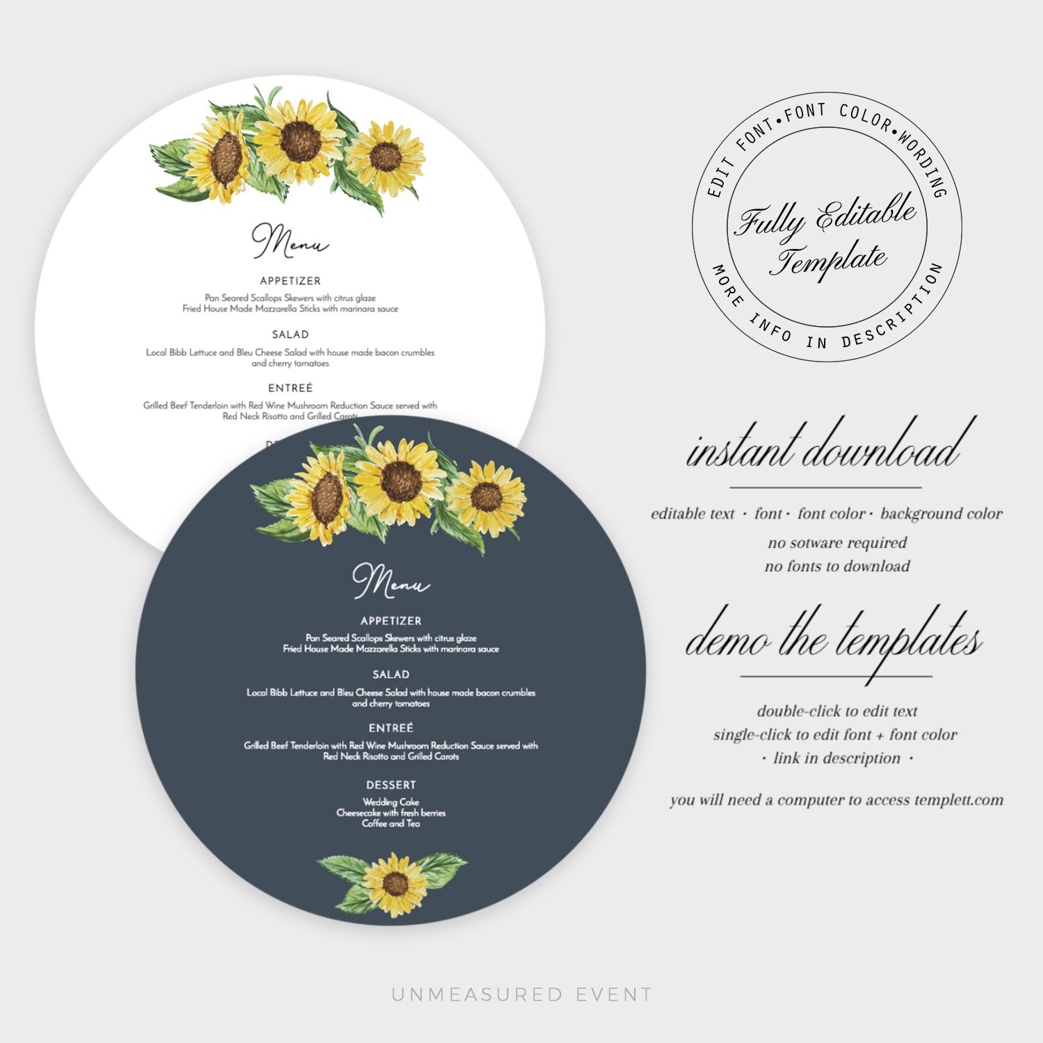 EMMA Sunflower Menu Card Template Round Menu for Wedding | Etsy
