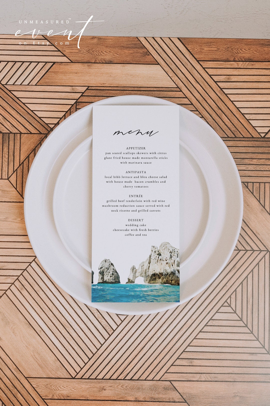 CABO Wedding Menu Template, Watercolor Cabo Skyline Wedding Menu Cards ...