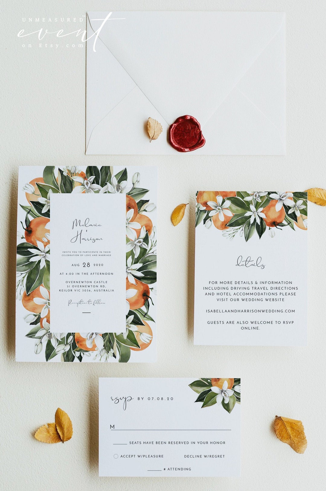 Orange Wedding Invitation Template Suite, Watercolor Oranges Wedding ...