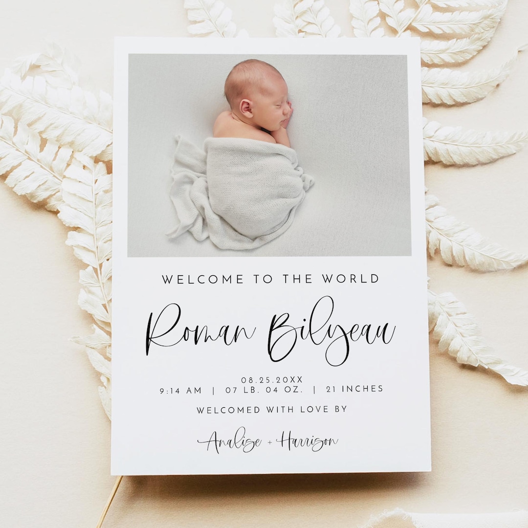 Modern Birth Announcement Template, Bohemian Baby Birth Card Printable ...