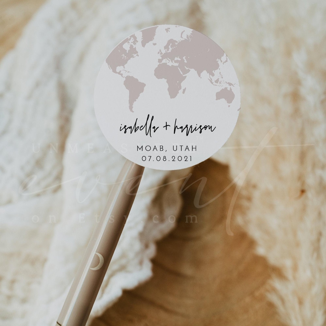 Blush World Map Round Sticker Template, Destination Wedding Favor ...