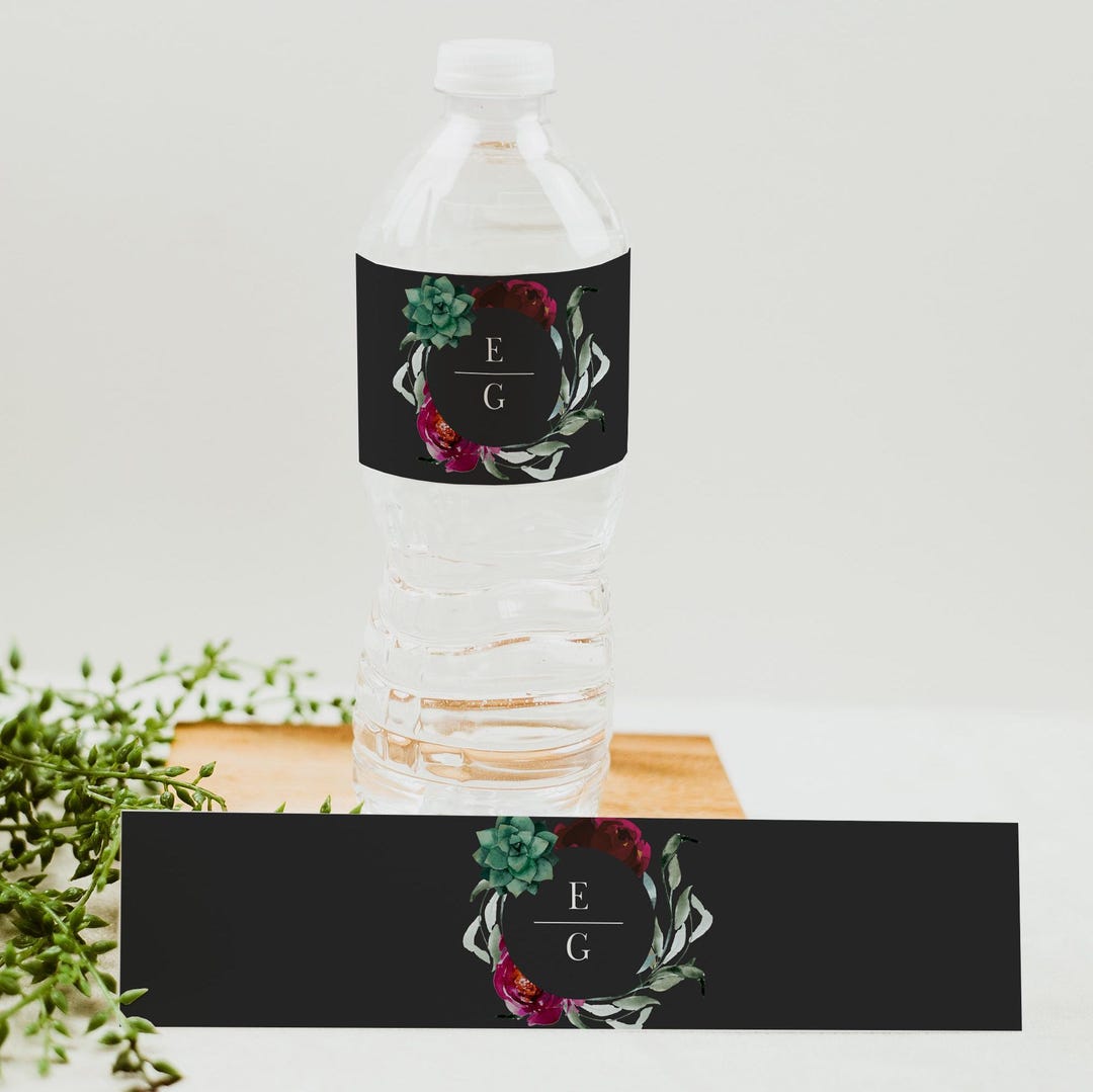 Succulent Wedding Water Bottle Label Template, Burgundy Water Bottle ...