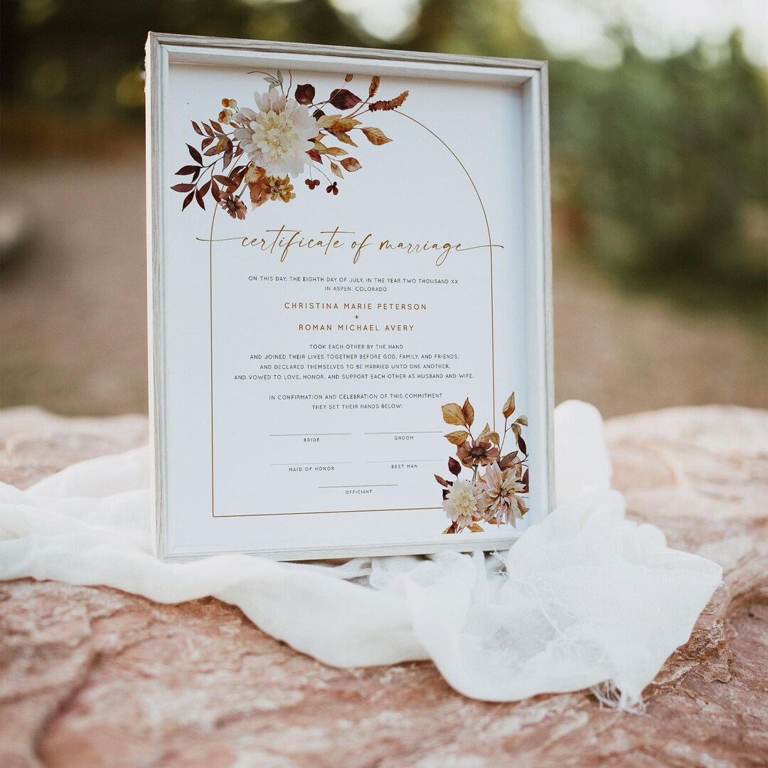 Boho Marriage Certificate Template, Fall Wedding Marriage Certificate ...
