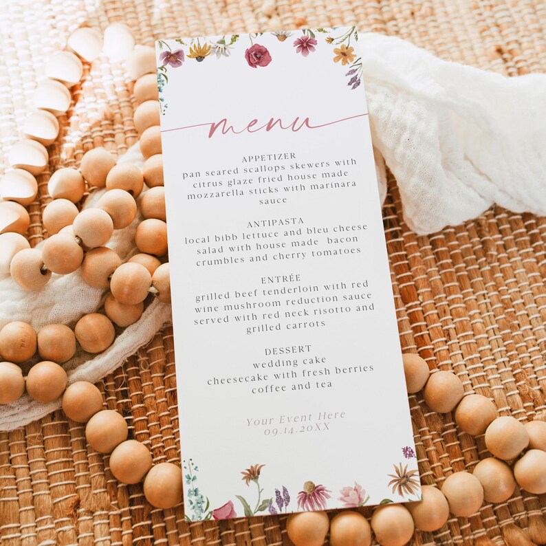 Wildflower Menu Card Template, Floral Menu Cards for Baby Shower ...
