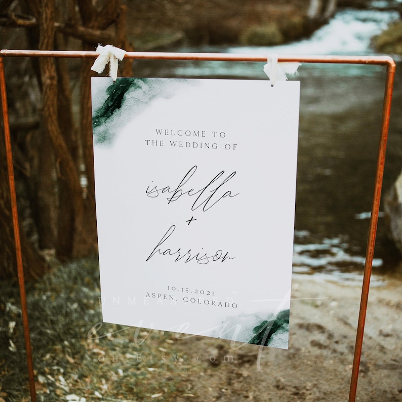 Welcome Sign Template, Wedding Welcome Sign, Green Watercolor Welcome ...