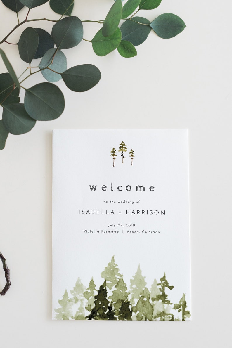 JENNA Pine Wedding Program Template, Folded Wedding Program, Mountain Wedding Program Instant ...