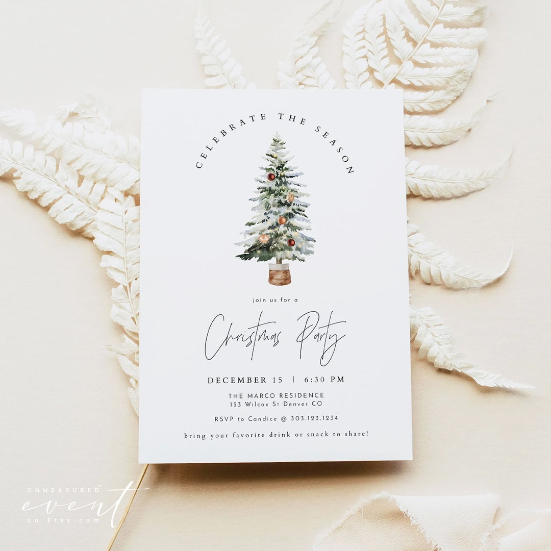 Minimalist Christmas Party Invitation Template, Modern Watercolor ...