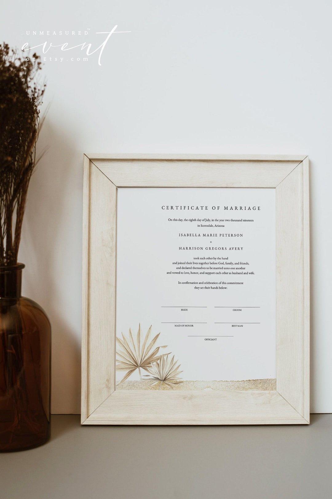 FREYA Dry Palm Marriage Certificate Template, Bohemian Marriage ...