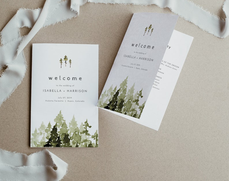JENNA Pine Wedding Program Template, Folded Wedding Program, Mountain Wedding Program Instant ...