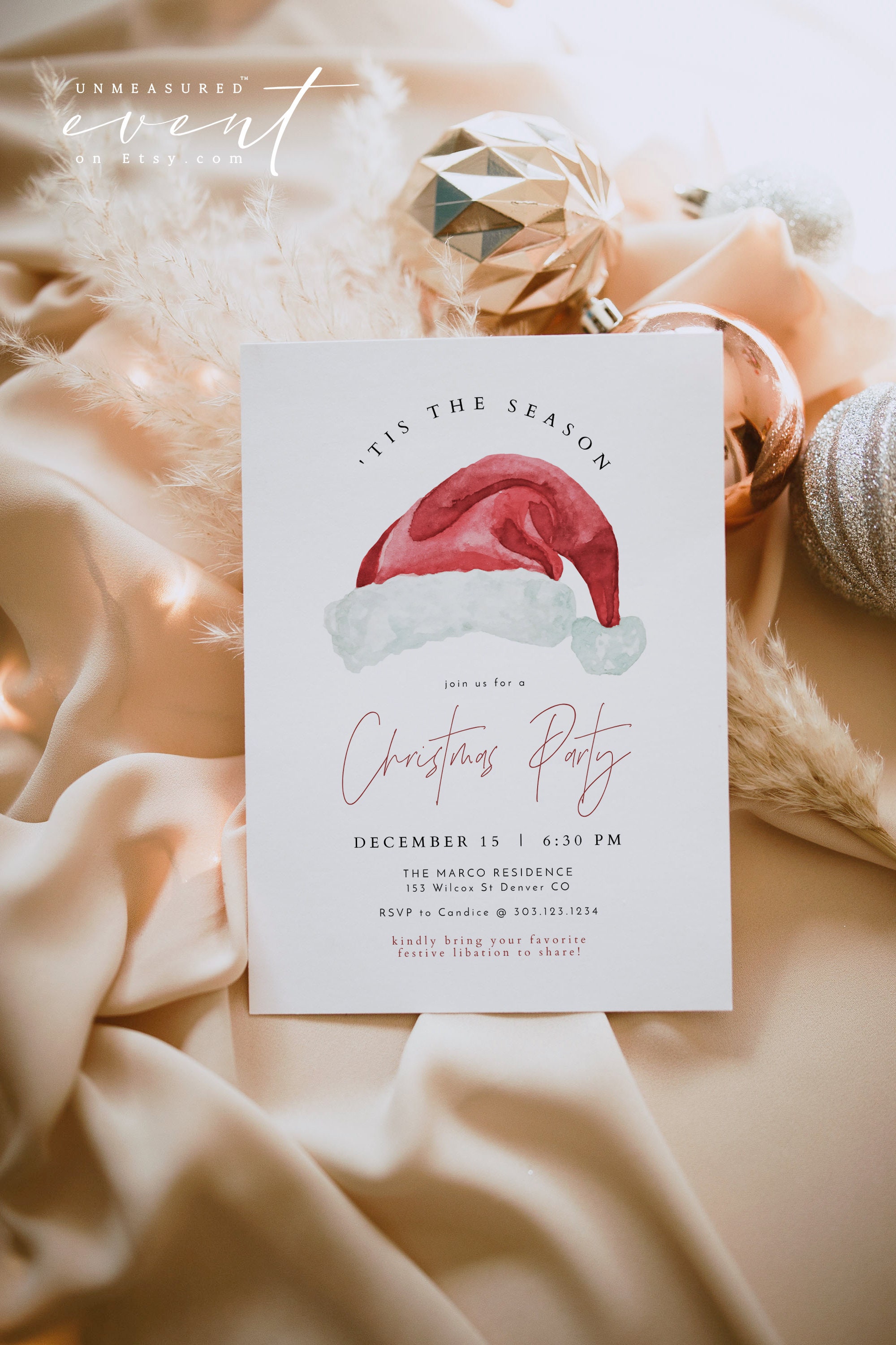Minimalist Christmas Party Invitation Template, Modern Santa Hat ...