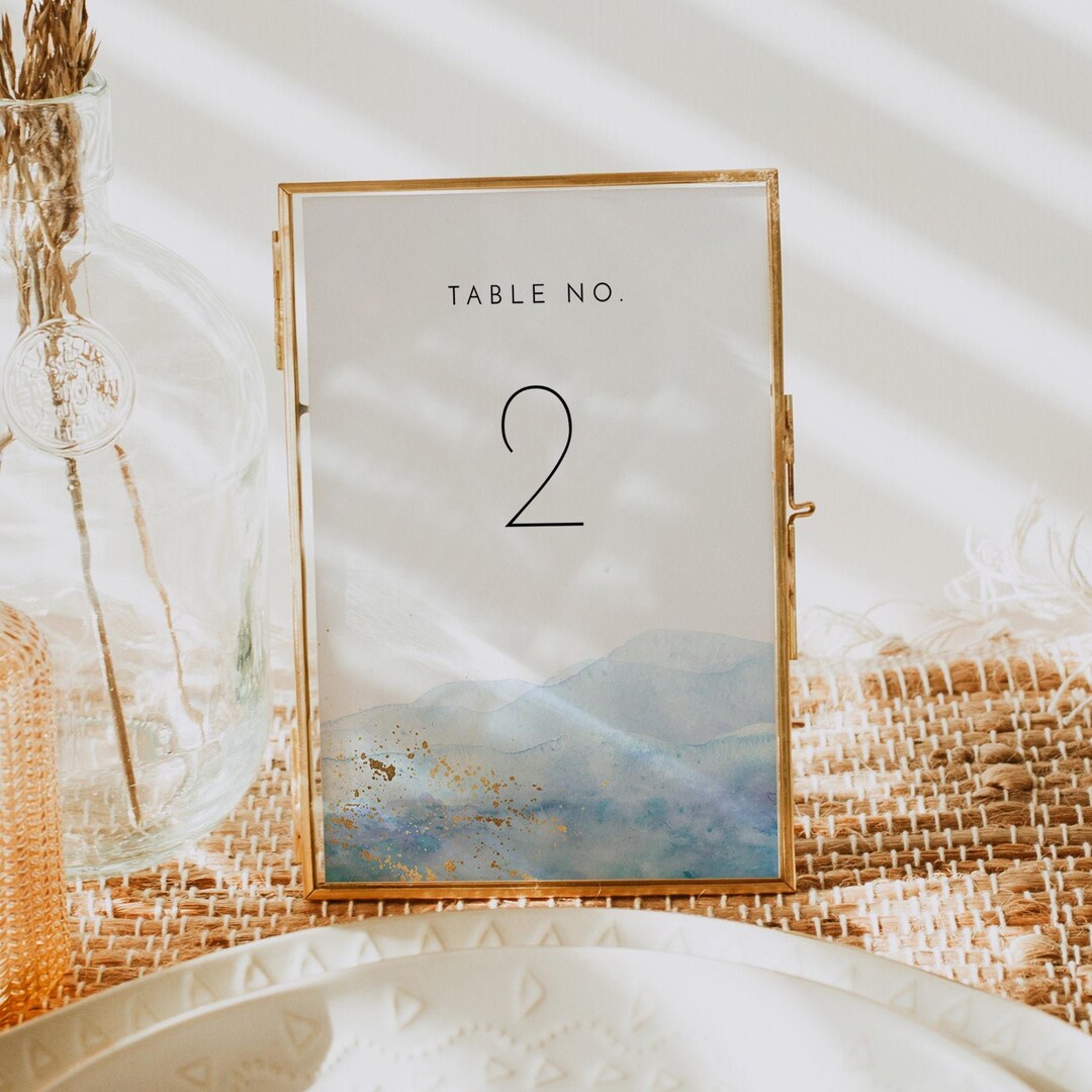 Table Number Template, Blue Watercolor Table Number Printable, Dusty ...