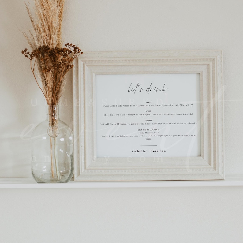 8x10" Bar Menu Template, Modern Minimalist Wedding Drink Menu Sign ...