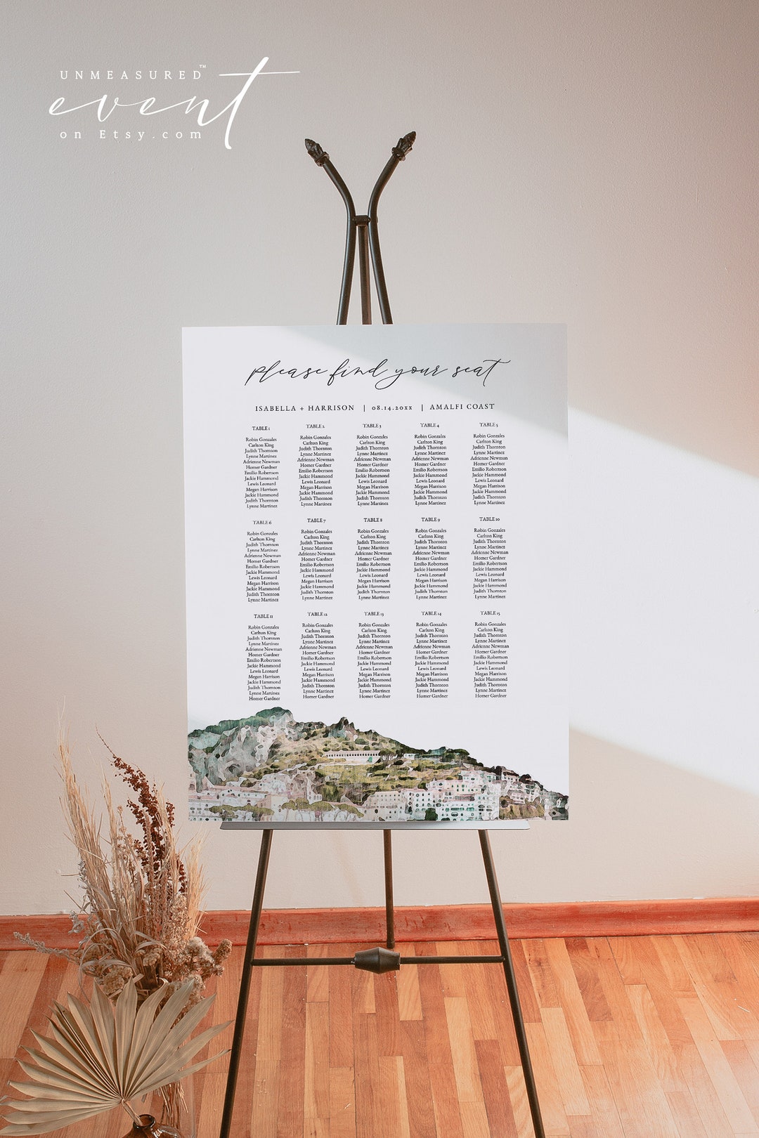 AMALFI COAST Seating Chart Template, Watercolor Amalfi Coast Skyline ...
