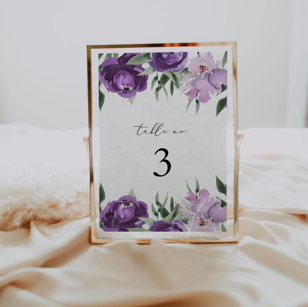 Purple Wedding Table Number Template, Floral Table Numbers, Lavender ...