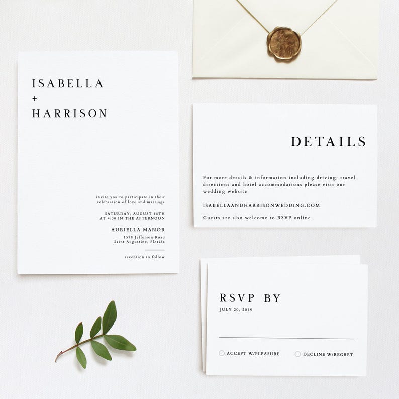 Modern Minimalist Wedding Invitation Template Suite, Simple Clean ...