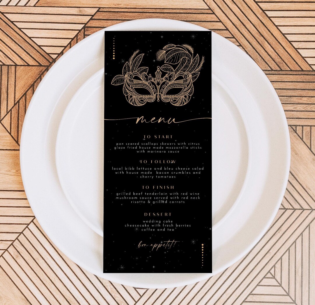 CELINE Masquerade Themed Dinner Menu, Masked Party Dinner Table Menu ...