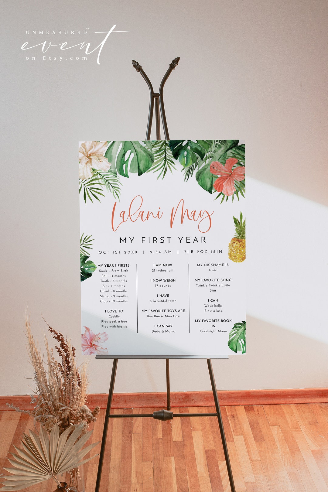 First Birthday Milestone Board Template, Tropical Milestone Board, Baby ...
