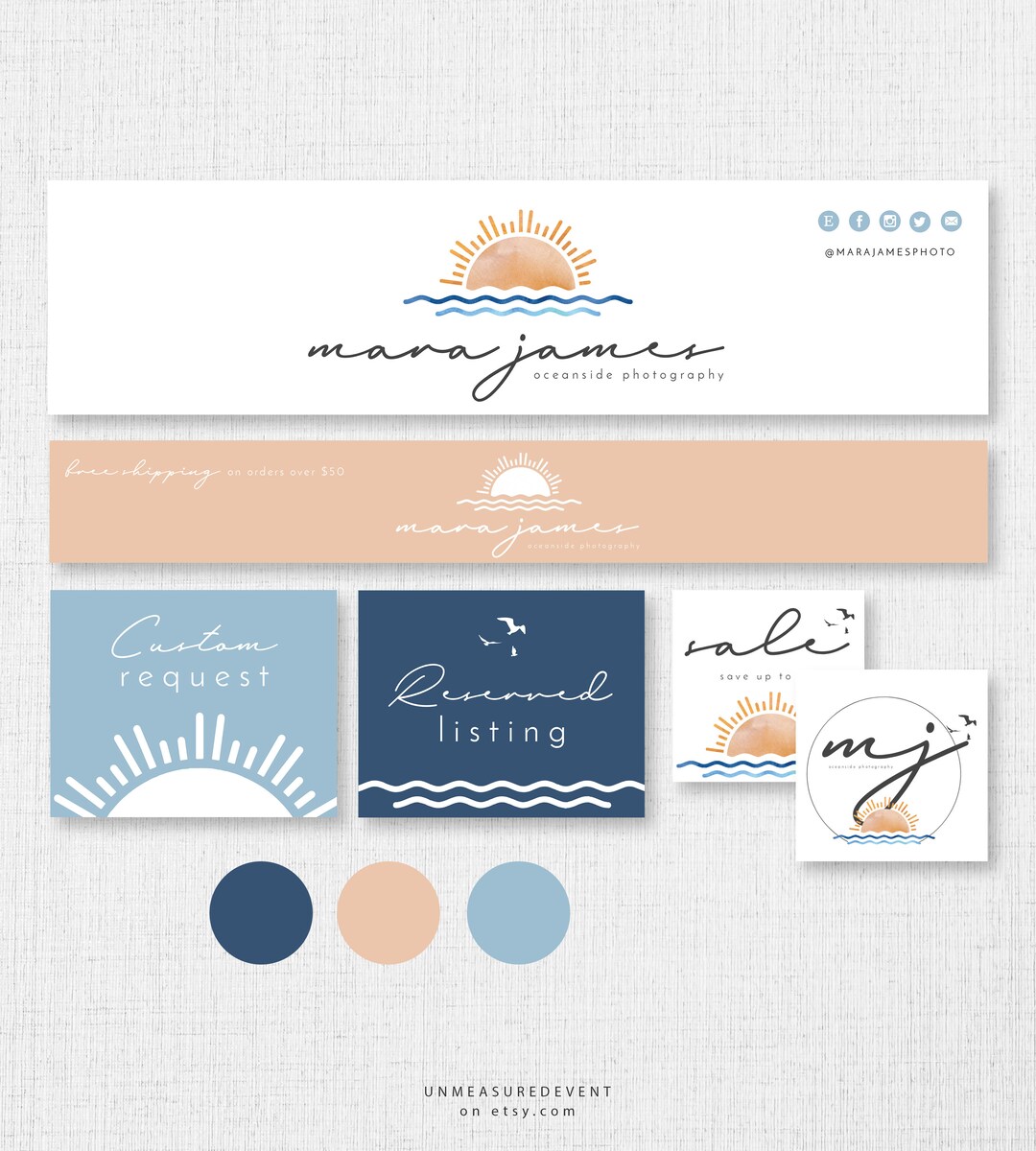 OCEANSIDE Etsy Banner Set, Watercolor Etsy Branding Templates, Tropical ...