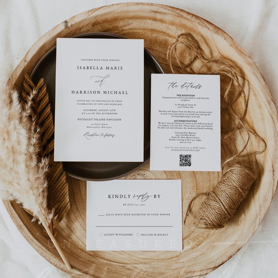 Modern Minimalist Wedding Invitation Template Suite, Simple Wedding ...